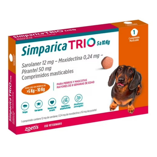 SIMPARICA TRIO Perros: Antiparasitario Triple Acción 5-10 KG - Premium
